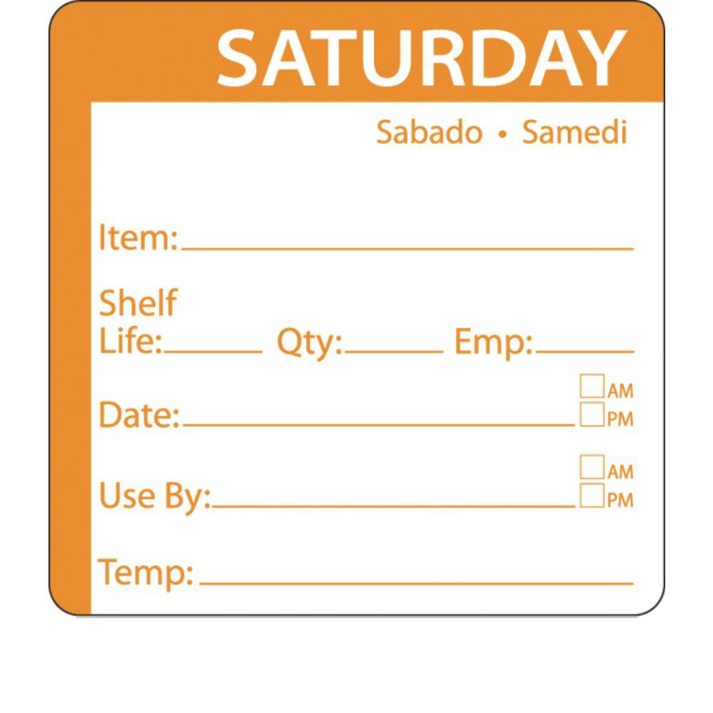 White/Orange Dissolvable Food Rotation Labels Tri-Lingual Saturday- 1"L ...