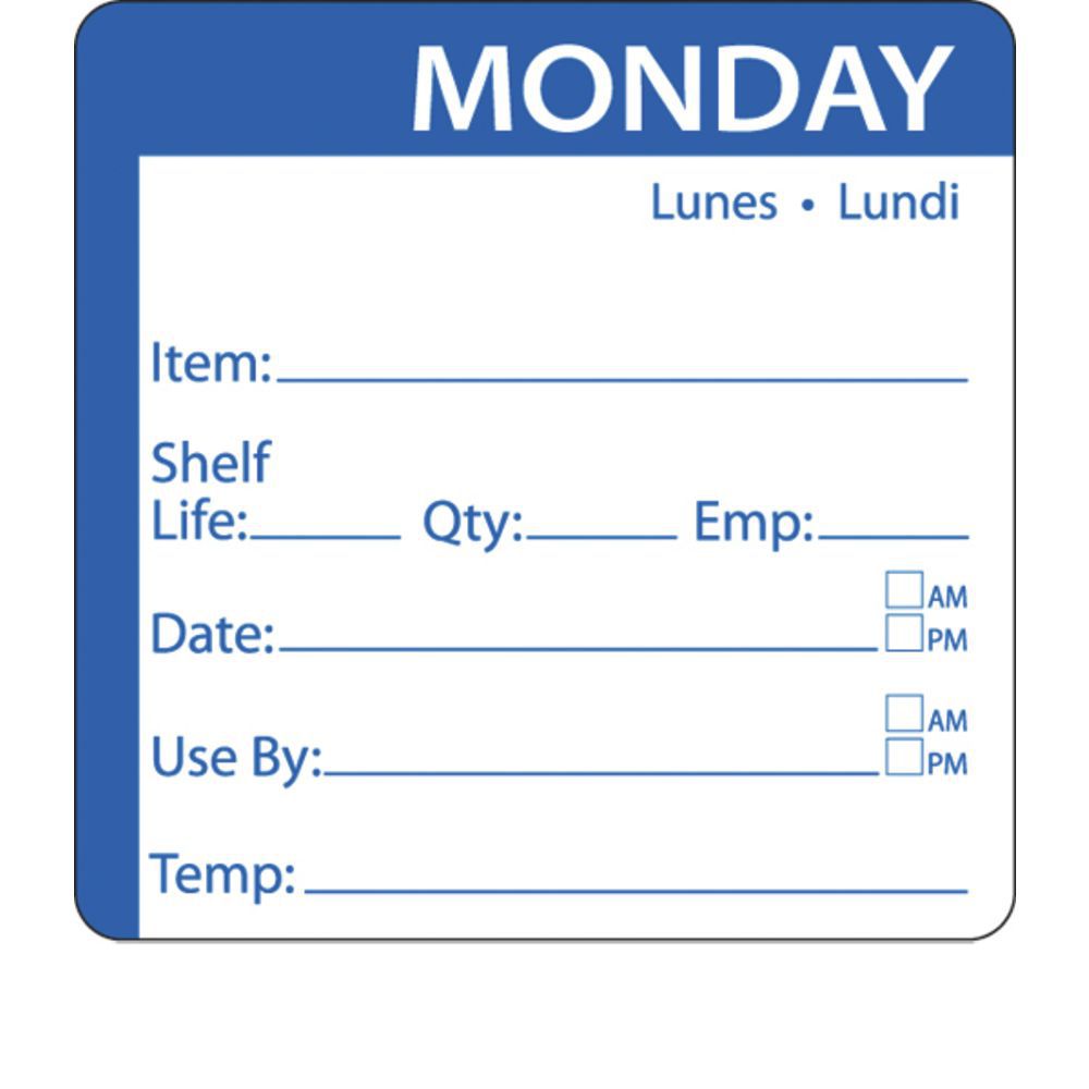 HUBERT® Blue/White Tri-Lingual Day Of The Week Labels Monday - 1" Square
