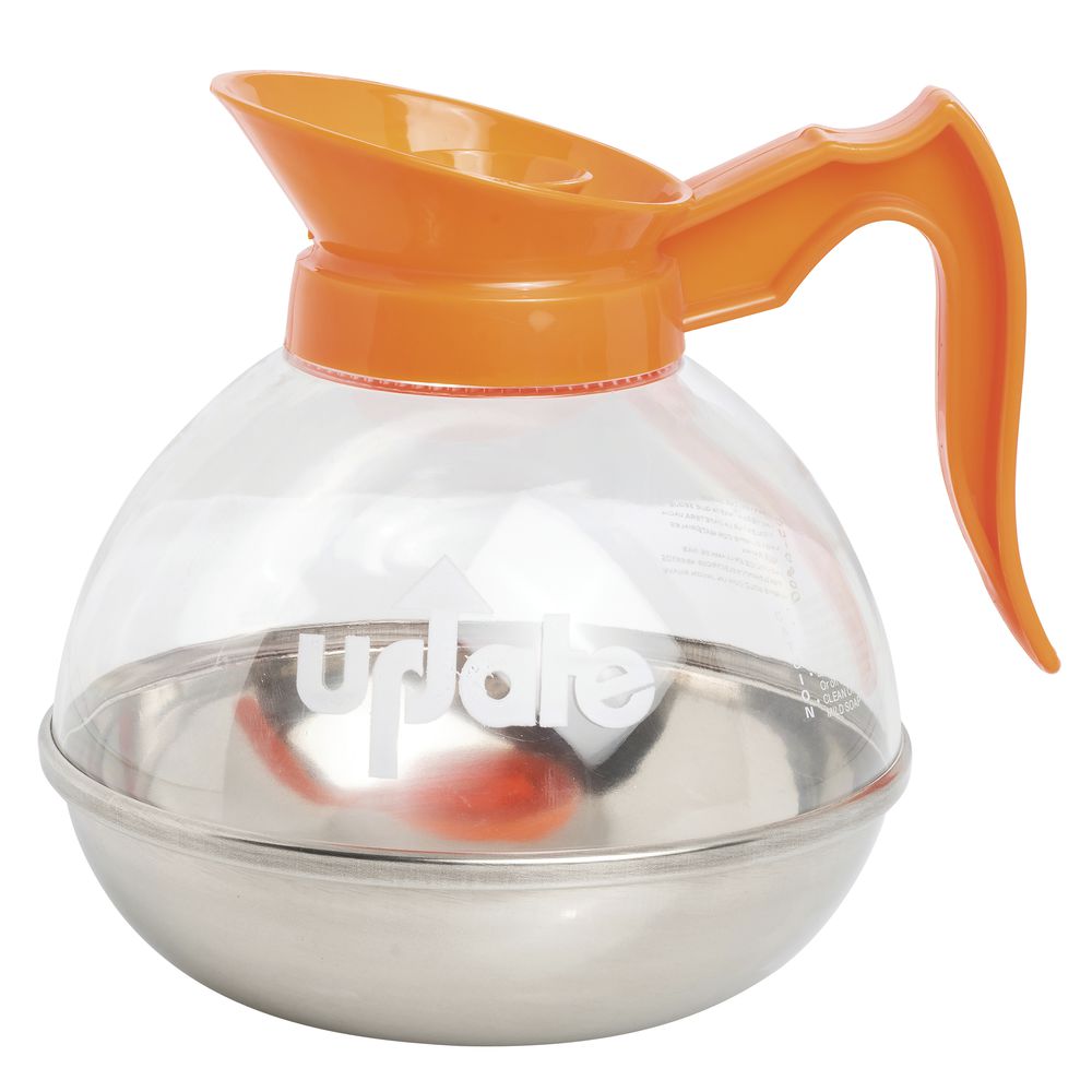 Tablecraft 64 oz Coffee Pot, Orange Handle, Stainless Steel Base