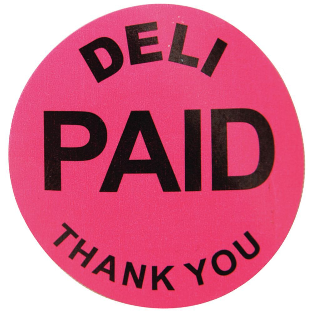 Pink Fluorescent Grocery Store Labels Black Imprint "Deli Paid" - 1 1/2"Dia