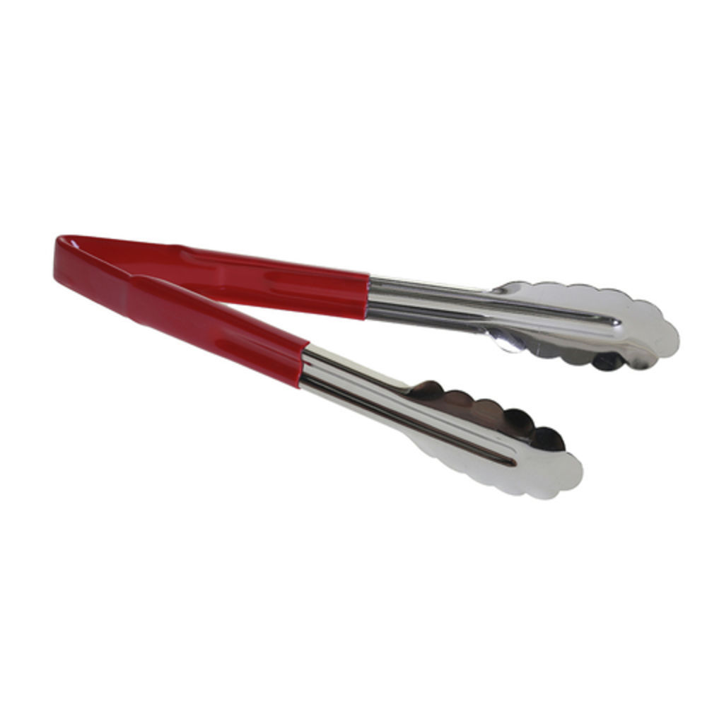 Tablecraft 9" Vinyl-Coated Tongs, Stainless Steel, Red Handle