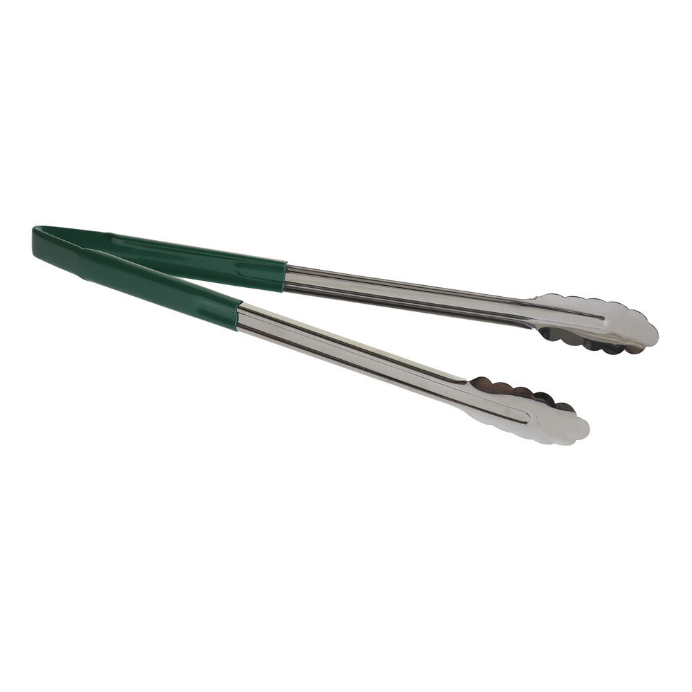 Tablecraft 16" Vinyl-Coated Tongs, Stainless Steel, Green Handle