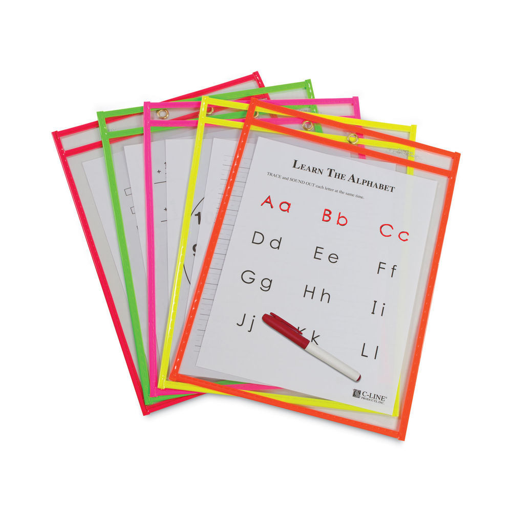 C-Line Reusable Dry Erase Pockets, 9 X 12, Assorted Neon Colors, 10/pack