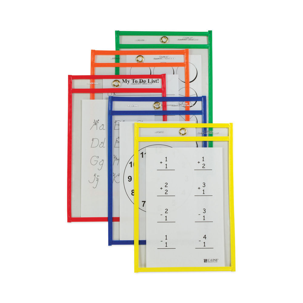 C-Line Reusable Dry Erase Pockets, 6 X 9, Assorted Primary Colors, 10/pack