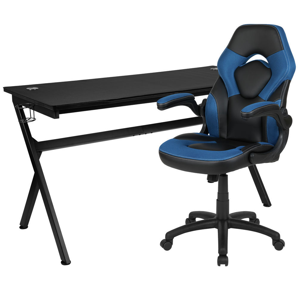 Flash Furniture Black Blue Gaming Desk Bundle Cup Headphone Holders Mouse Pad Top