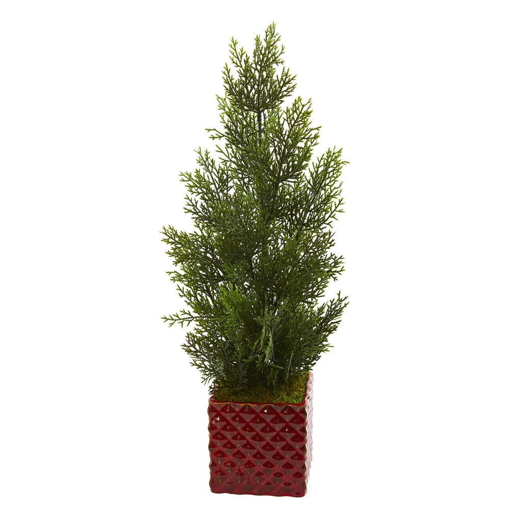 Nearly Natural 25in Mini Cedar Pine Tree in Red Planter (Indoor/Outdoor)