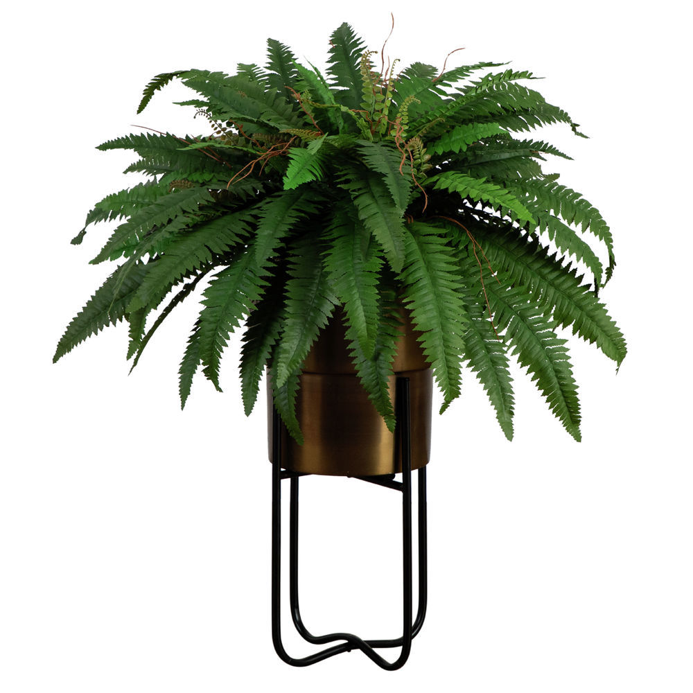 Nearly Natural 35 Boston Fern Plant with Brass Metal Planter with Stand