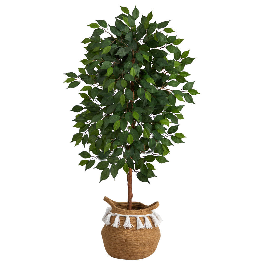 Nearly Natural 4' Ficus Tree in Boho Chic Natural Cotton Planter w/Tassels